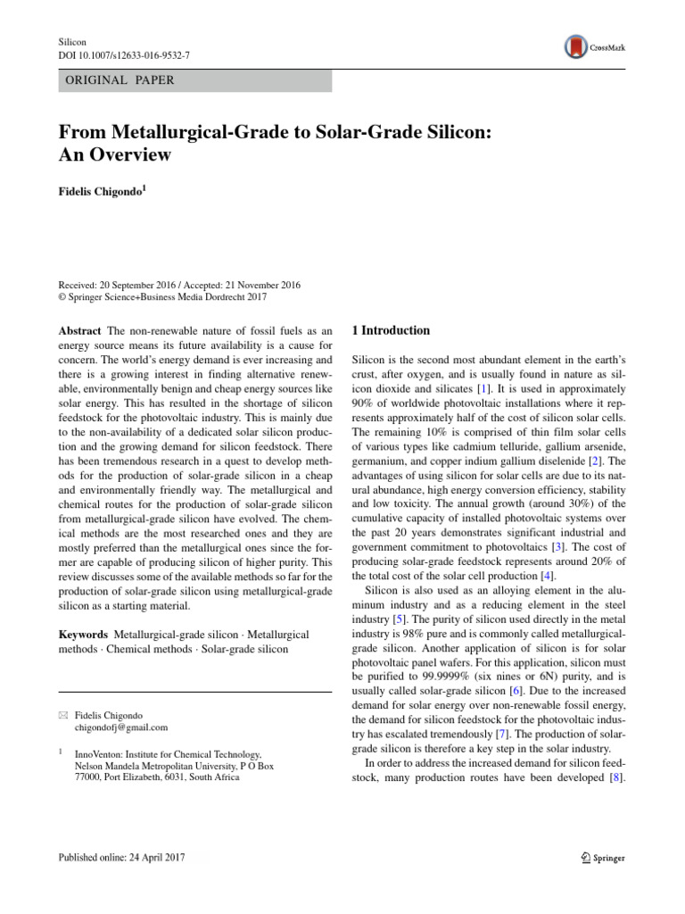 From Metallurgical-Grade To Solar-Grade Silicon An Overview | PDF ...