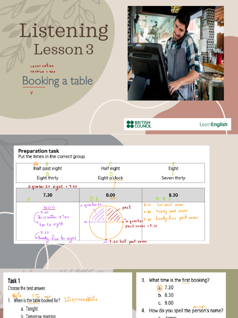 Listening Lesson 3 Booking A Table | PDF