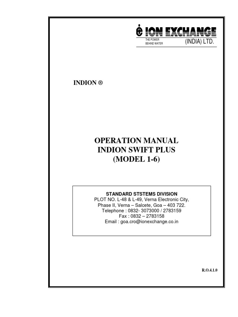 Indion Swift Plus - Model 1-6 | PDF | Ion Exchange | Purified Water
