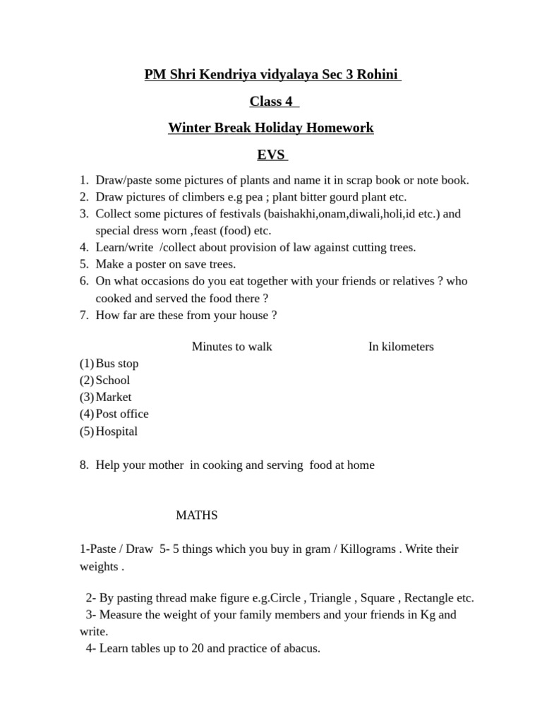 Class 4 Winter Break Holiday Homework 24-25 | PDF