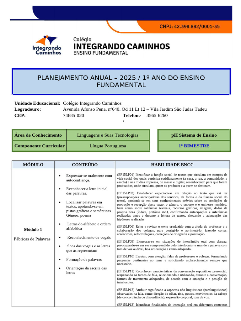 Planos Anuais 2025 - Modelo | PDF | Fonema | Palavra