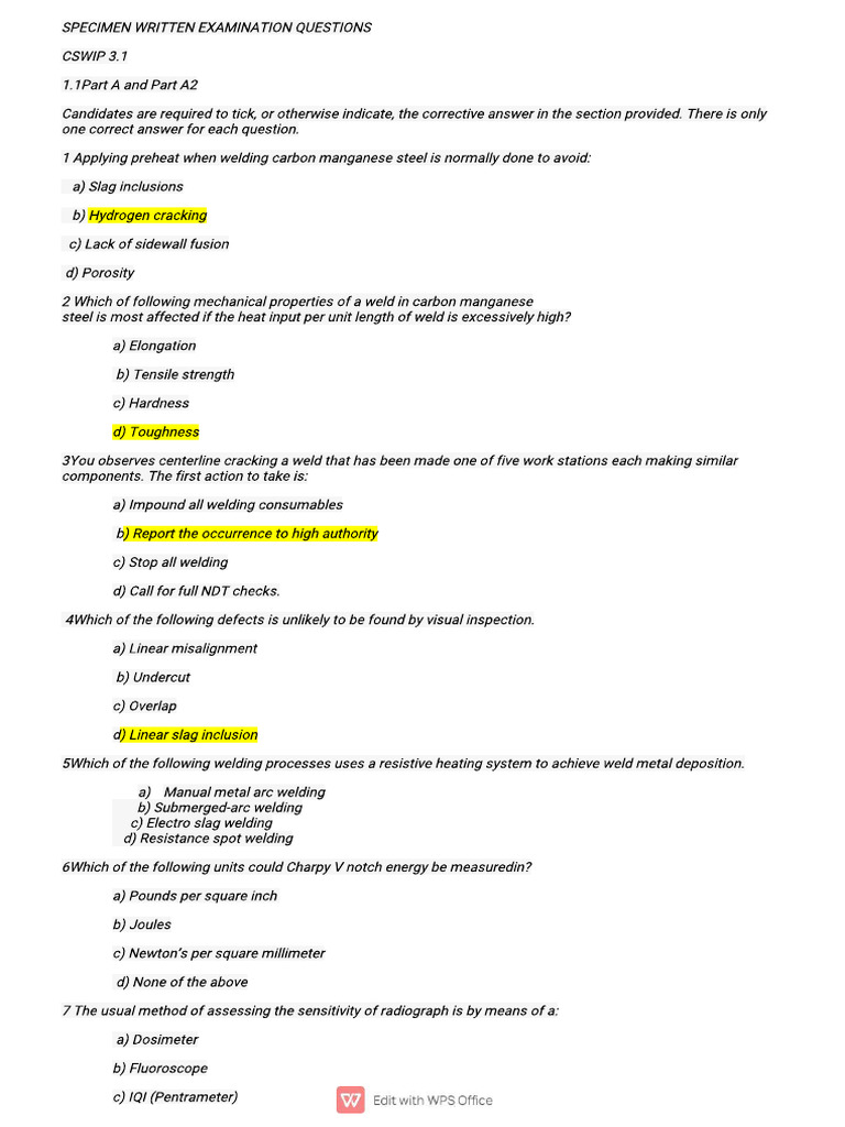 Cswip 3.1 Specific Exam Sample Paper | PDF