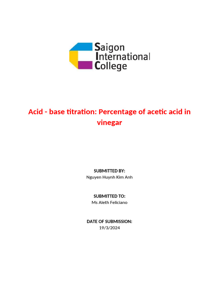 Acid - Base Titration - Percentage of Acetic Acid in Vinegar | PDF ...