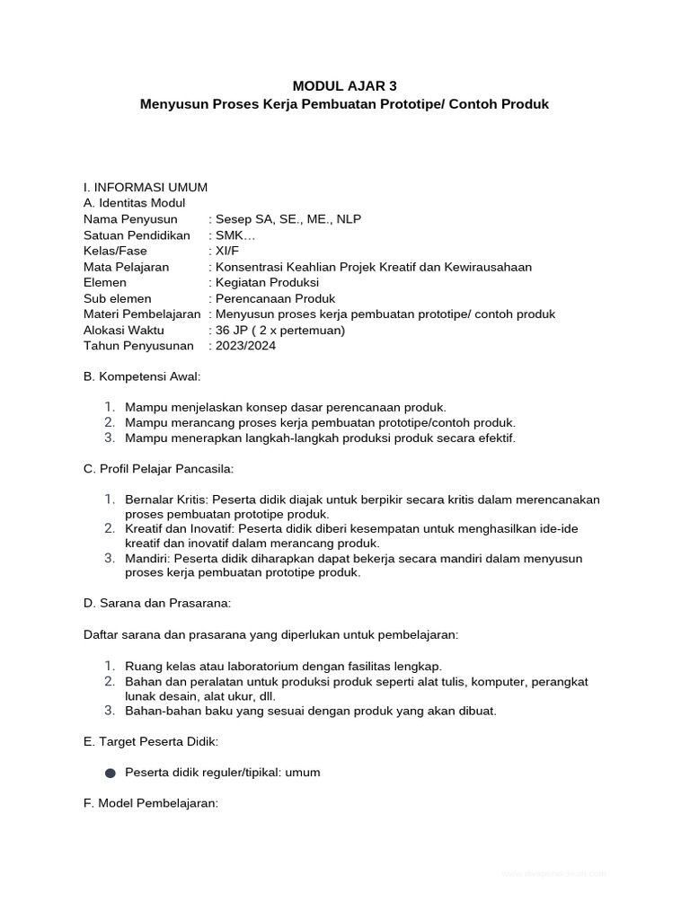 Modul Ajar 3 Menyusun Proses Kerja Pembuatan Prototipe - Contoh Produk ...