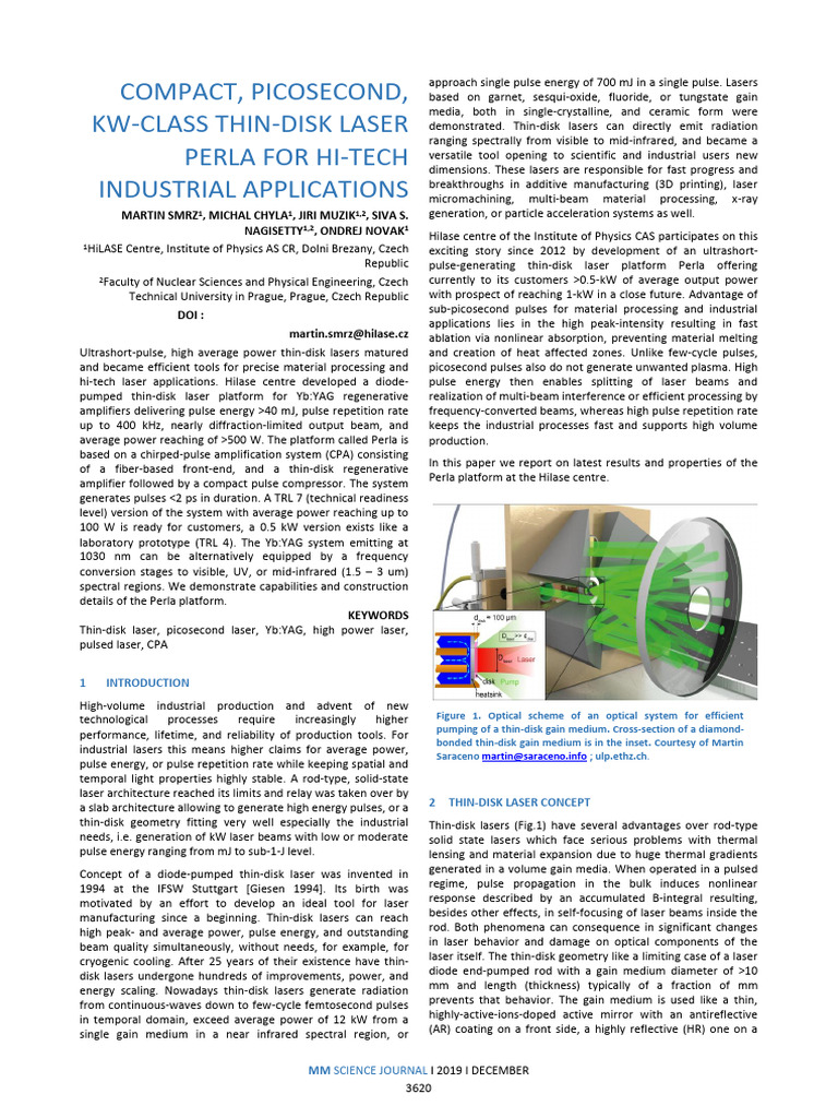 Mmscience - 2019 12 - Compact Picosecond KW Class Thin Disk Laser Perla ...