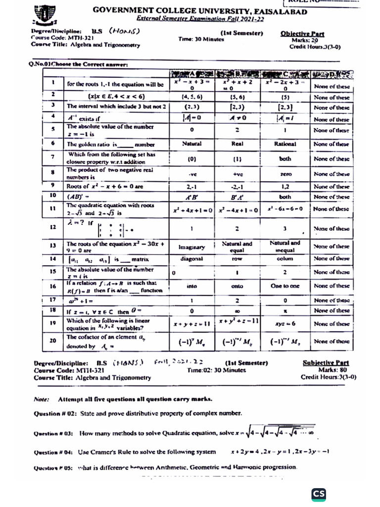 Algebra & Trigonometry Past Papers | PDF