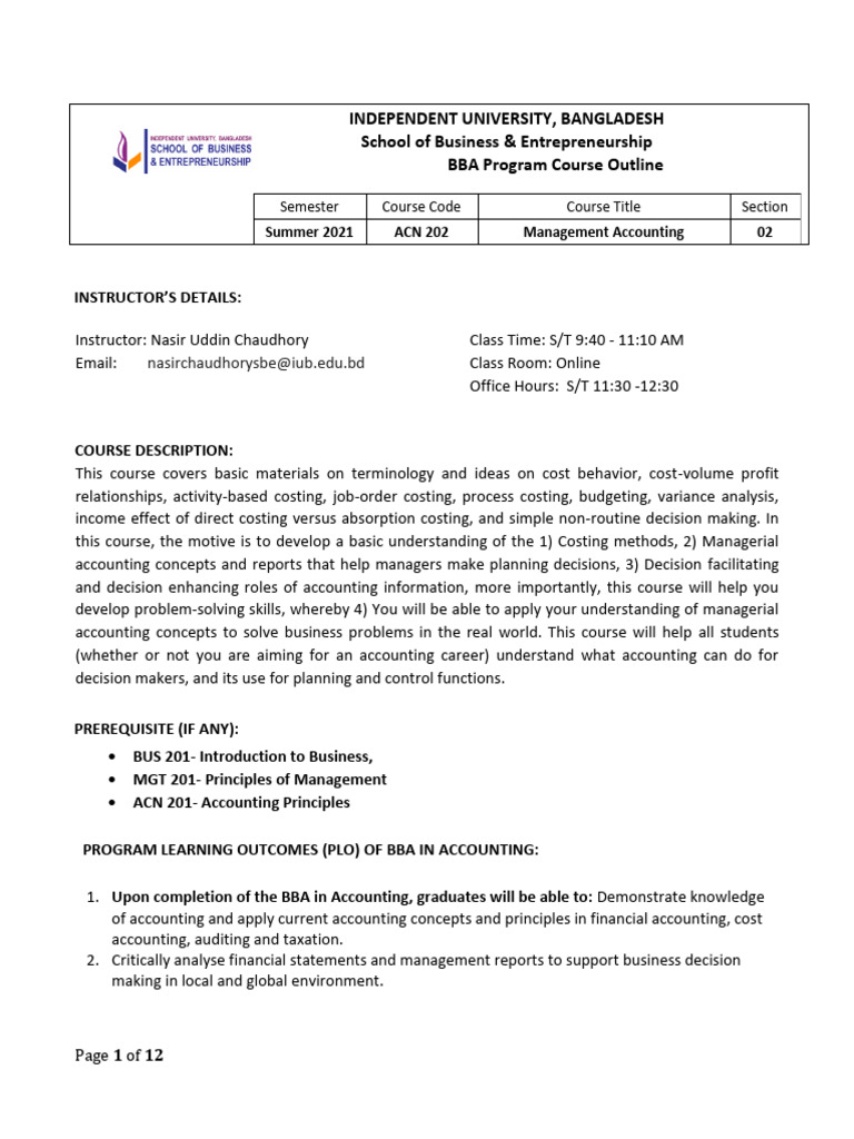 Course Outline Acn 202 Spring 2022 | PDF | Management Accounting ...