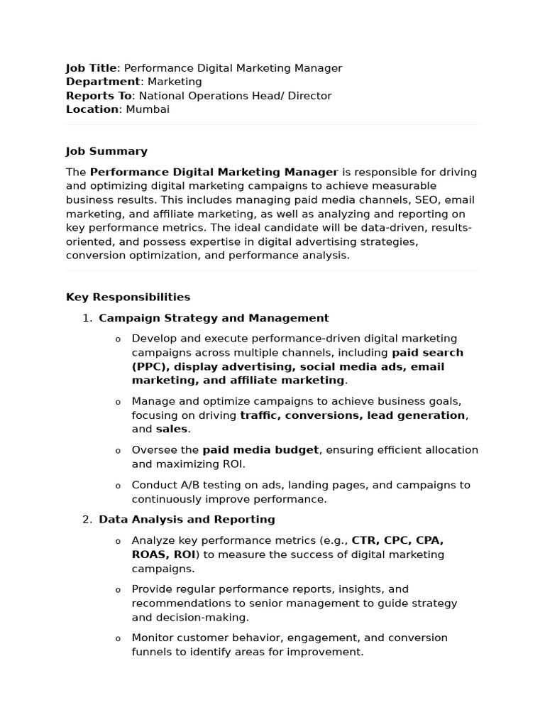 JD Performance Digital Marketing Manager | PDF