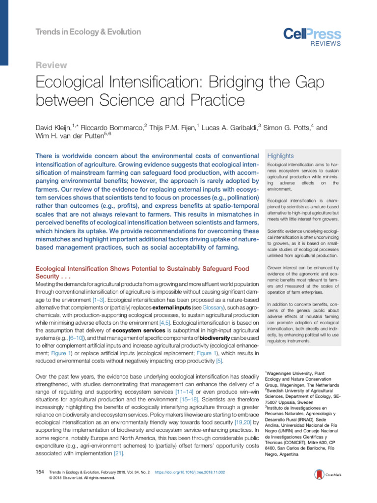 Kleijn Et Al 2019 Ecological Intensification, Bridging The Gap Between ...