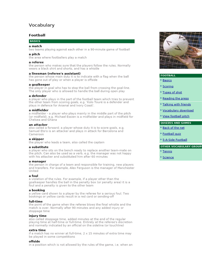 Vocabulary FOOTBALL | PDF | Association Football | Sports