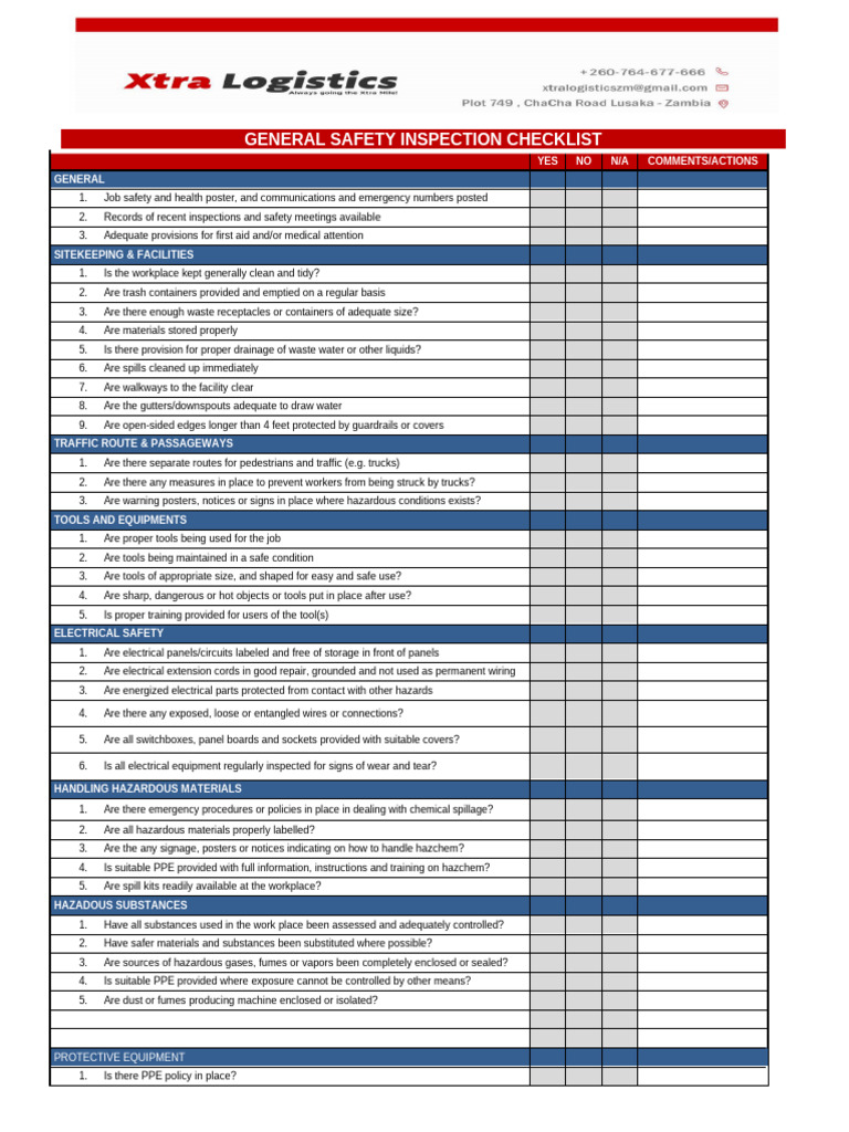 General safety inspection checklist | PDF | Personal Protective ...