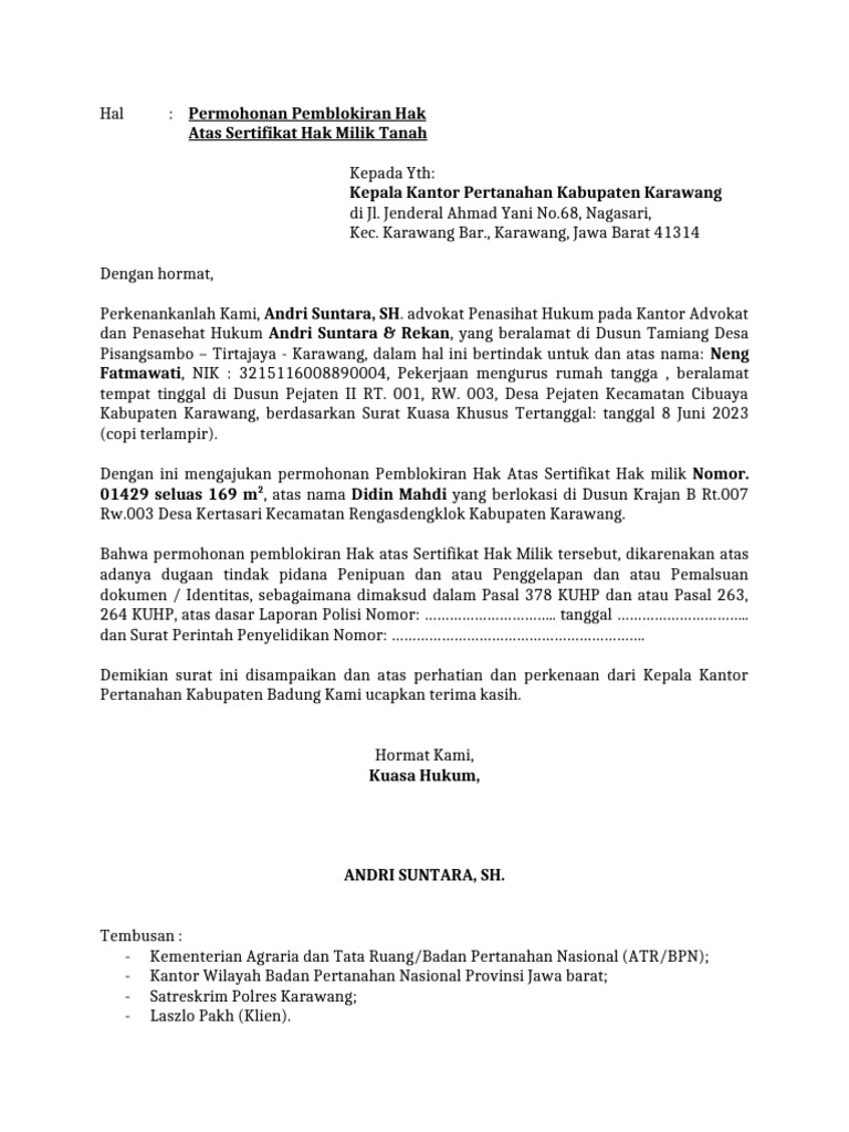 PEMBLOKIRAN SERTIFIKAT BPN Karawang | PDF