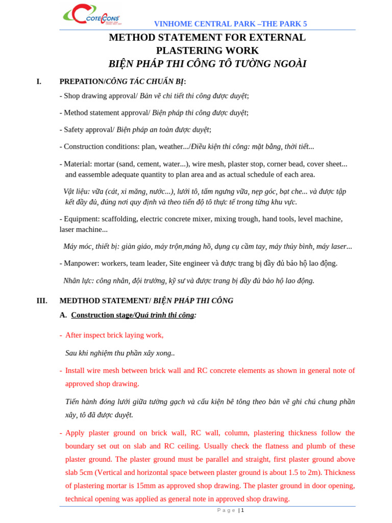 Method Statement-External Plastering | PDF