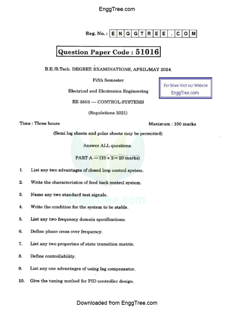 EE3503 Control Systems Apr May 2024 Question Paper Download | PDF