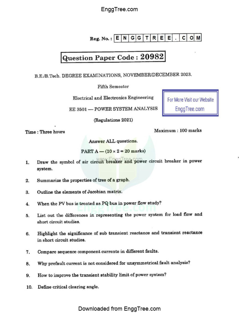 EE3501 Power System Analysis Nov Dec 2023 Question Paper Download | PDF