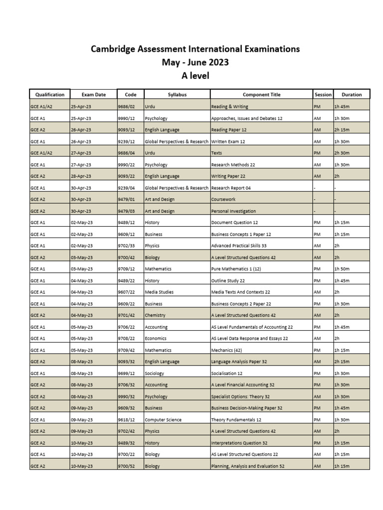 Timetable A Level - M-J 2023 | PDF | Science