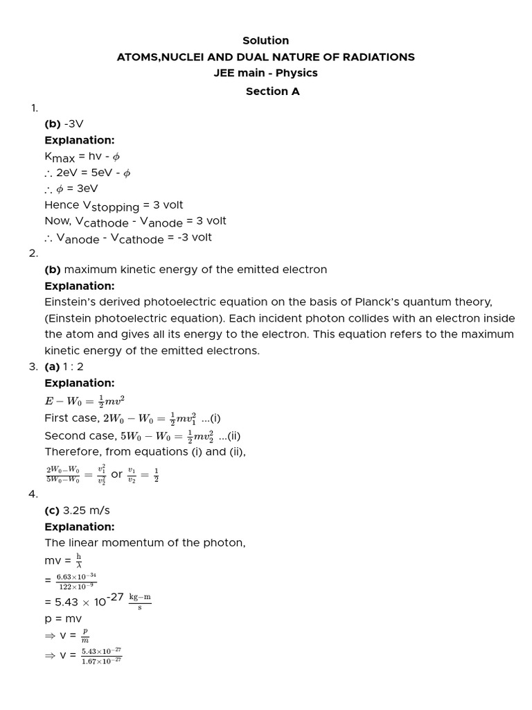 Solutions Atoms Nuclei and Dual Nature JEE | PDF | Photon | Electron