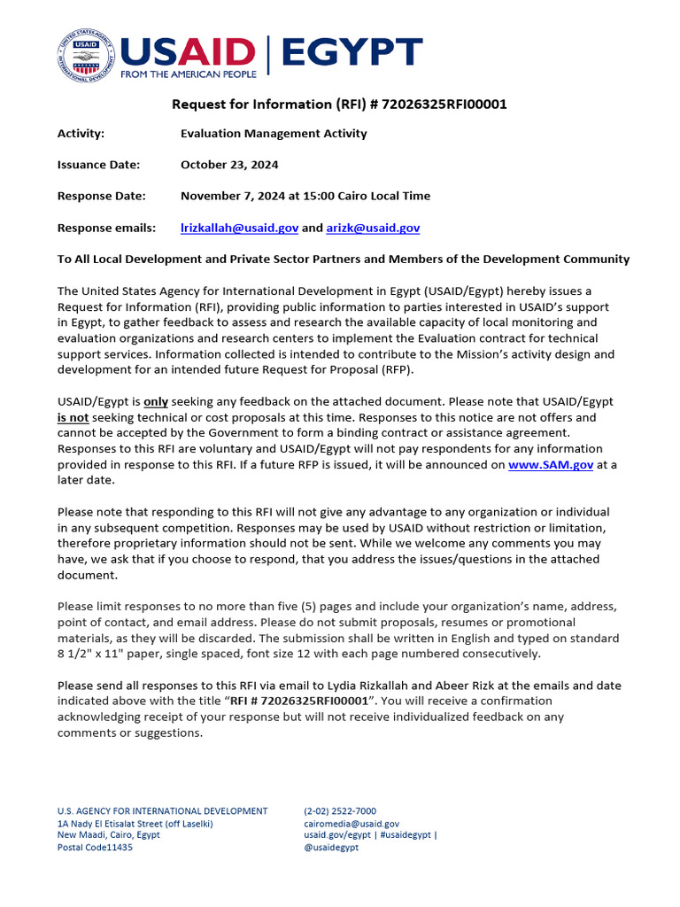 RFI - Evaluation Management Activity - October 23 2024 - 1 | PDF ...