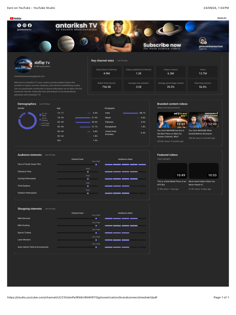 Antariksh Tv Media Kit | PDF | You Tube