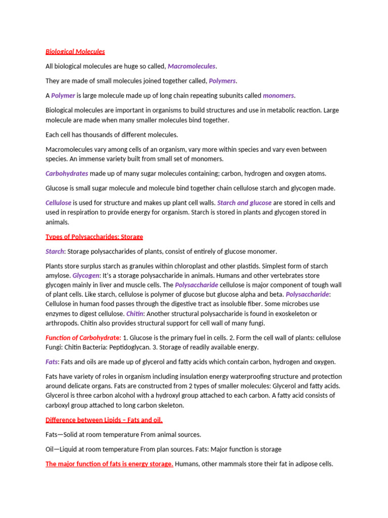 School biology notes | PDF | Polysaccharide | Lipid