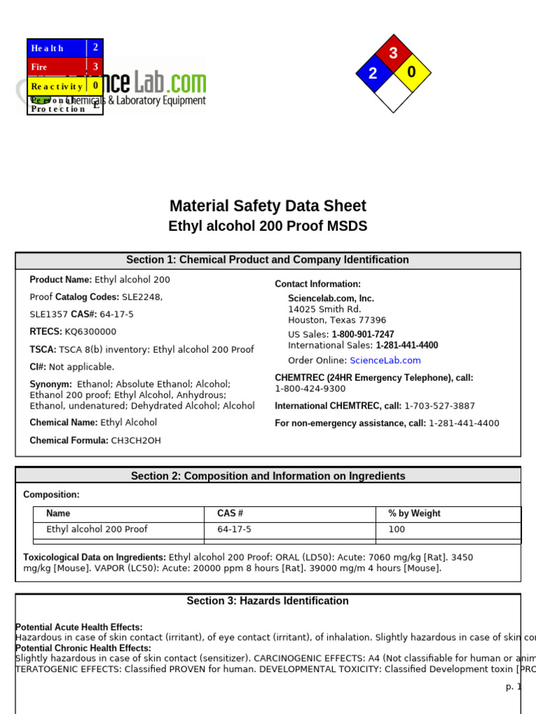 Ethyl Alcohol 200 Proof MSDS Guide | PDF | Ethanol | Iodine