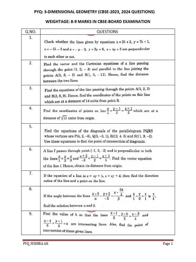 Pyq 3 Dimensional Geometry | PDF