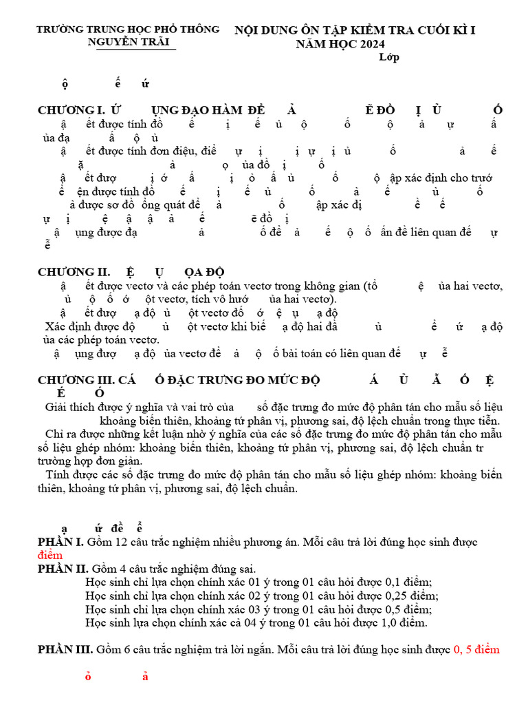 On Tap Cuoi Ki 1 Toan 12 Nam 2024 2025 Truong THPT Nguyen Trai Da Nang | PDF