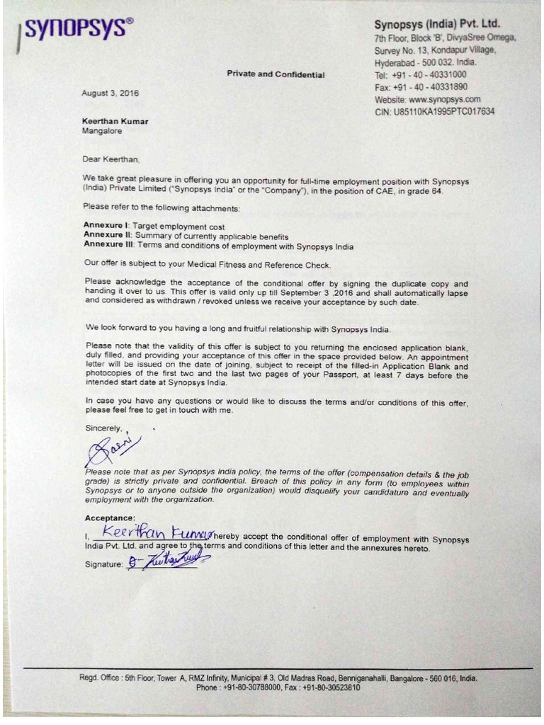 SNPS offer letter hard copy | PDF