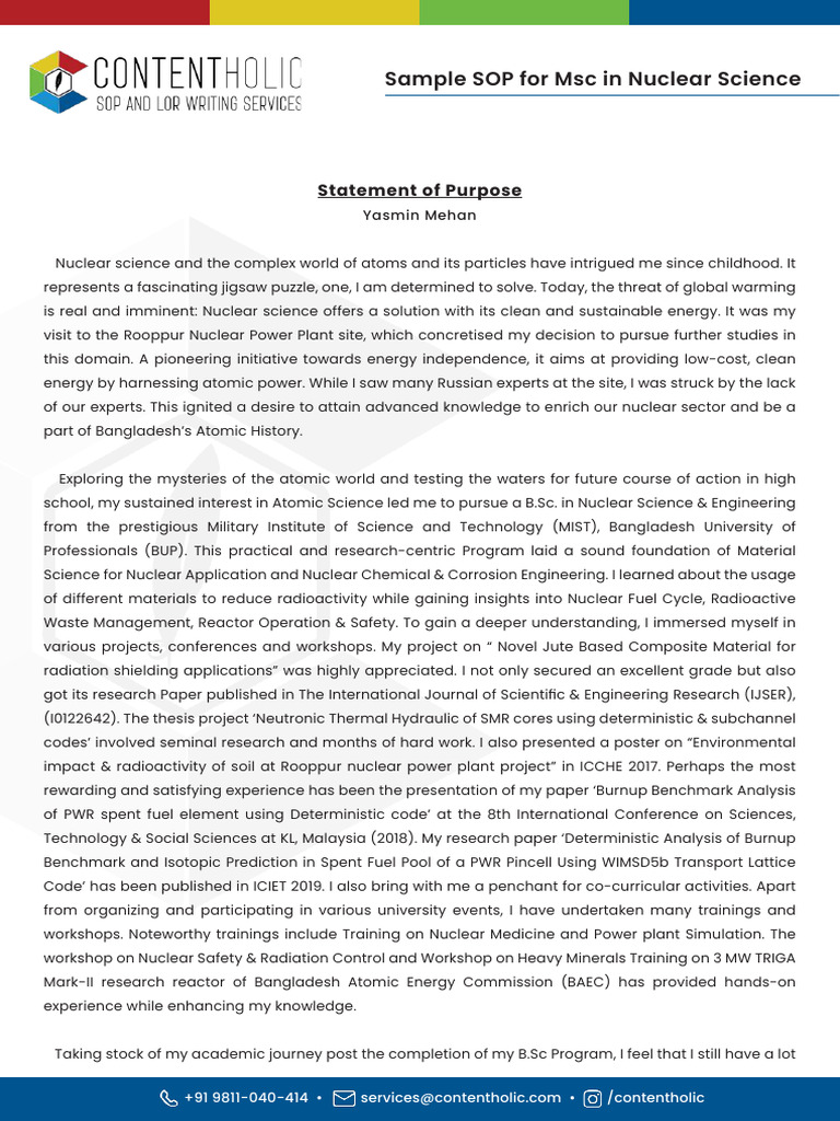 Sample SOP For MSC in Nuclear Science | PDF | Nuclear Power | Nuclear ...