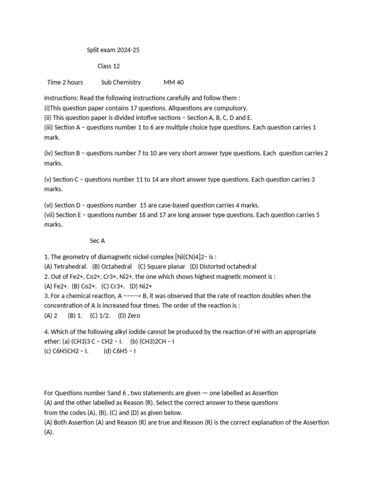 Split exam 2024-WPS Office | PDF | Chemistry | Physical Chemistry