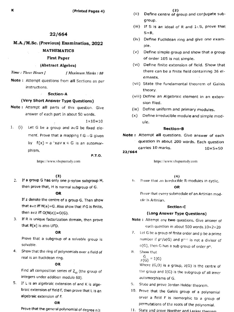 Ma Msc Part 1 Mathematics Abstract Algebra 22 664 2022 1 Pdf 