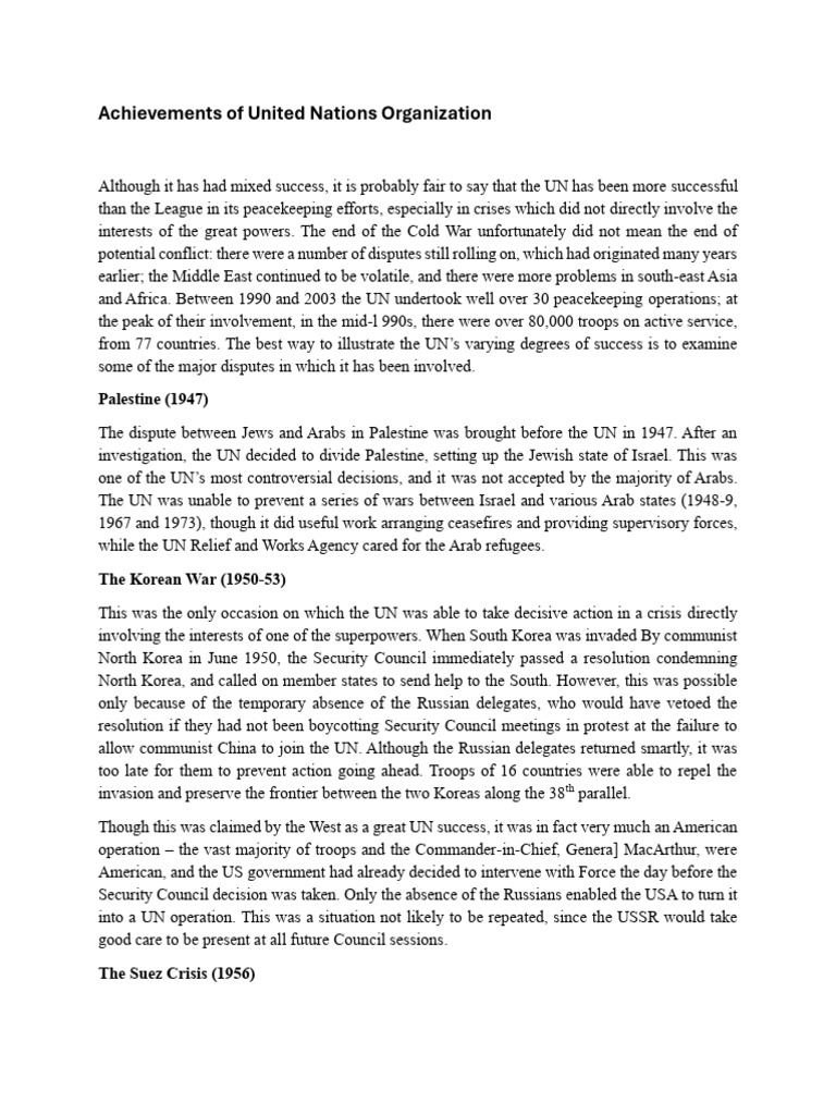 Key Achievements of the UN Organization | PDF | United Nations ...