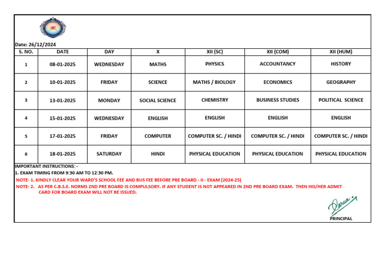 Date Sheet Preboard - Ii - 2024-25 | PDF