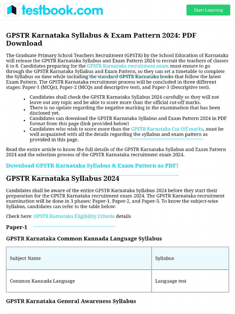 GPSTR Karnataka Syllabus & Exam Pattern 2024 - PDF Download | PDF