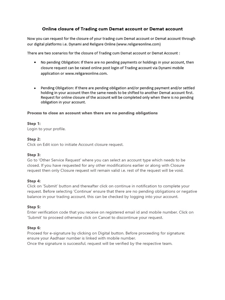 Close Your Religare Demat Account Online | PDF