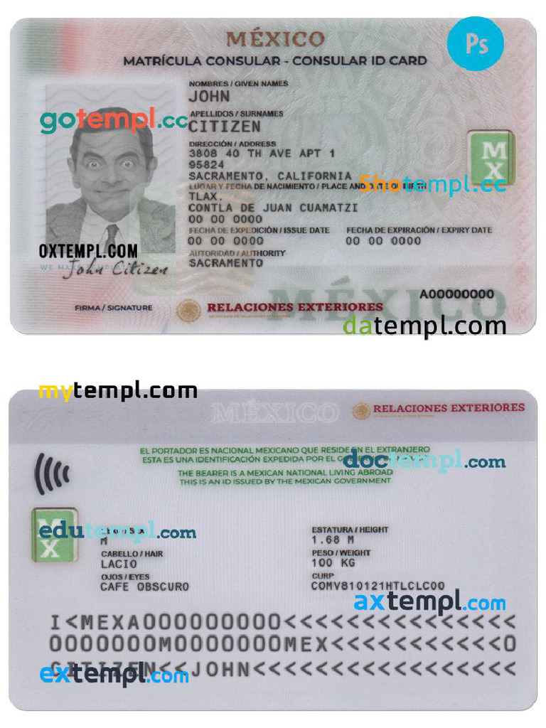 Doctempl - Mexico Consular ID Card template in PSD format | PDF