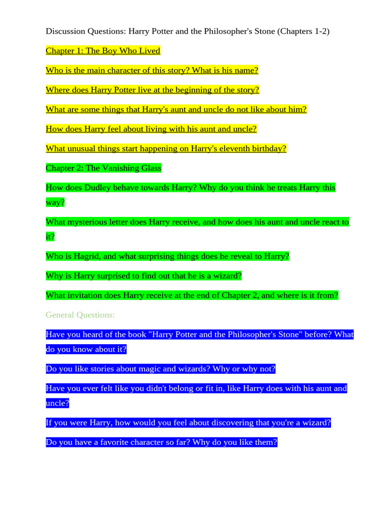 Harry Potter Discussion Questions: Chapters 1-2 | PDF