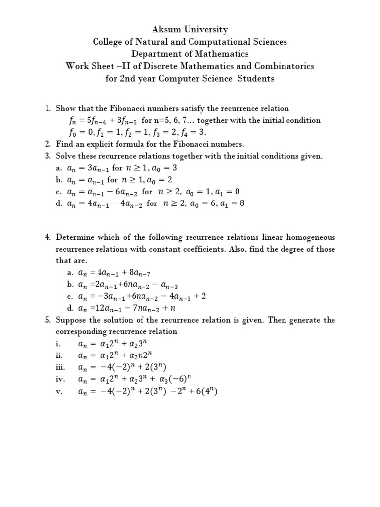 Work Sheet Iii Pdf Recurrence Relation Mathematical Relations
