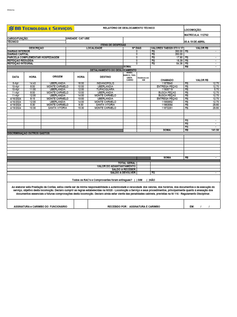 Relatorio Deslocamento Ube | PDF