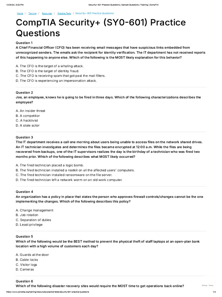 Security+ 601 Practice Questions Guide | PDF | Computer Network ...