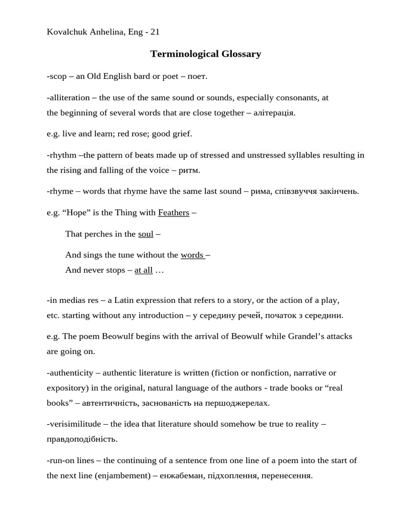 Terminological Glossary | PDF | Poetry | Narrative