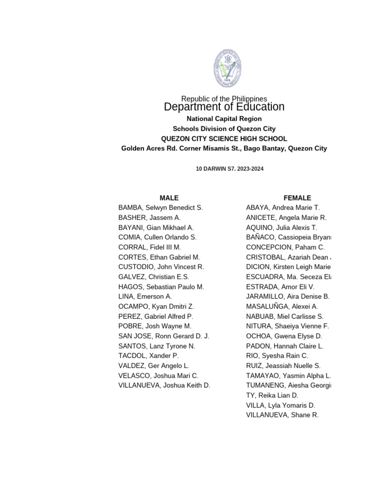 10 Darwin Class List Qcshs s.y. 23 24 (1) | PDF