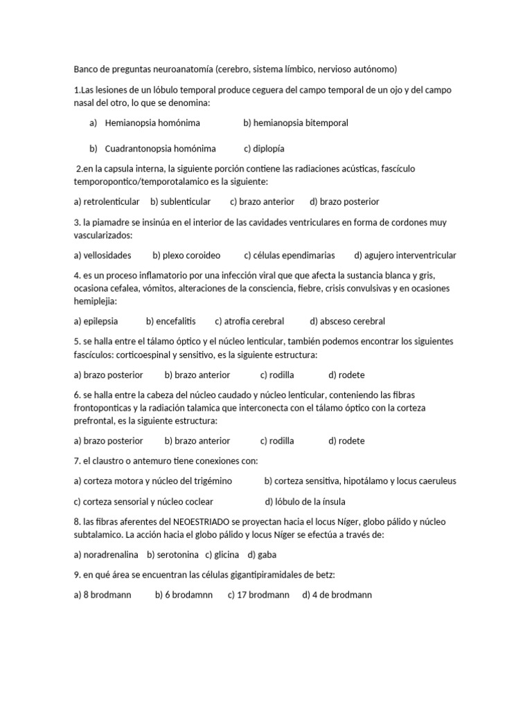 Banco de Preguntas Neuroanatomía | PDF | Neurociencia | Cerebro