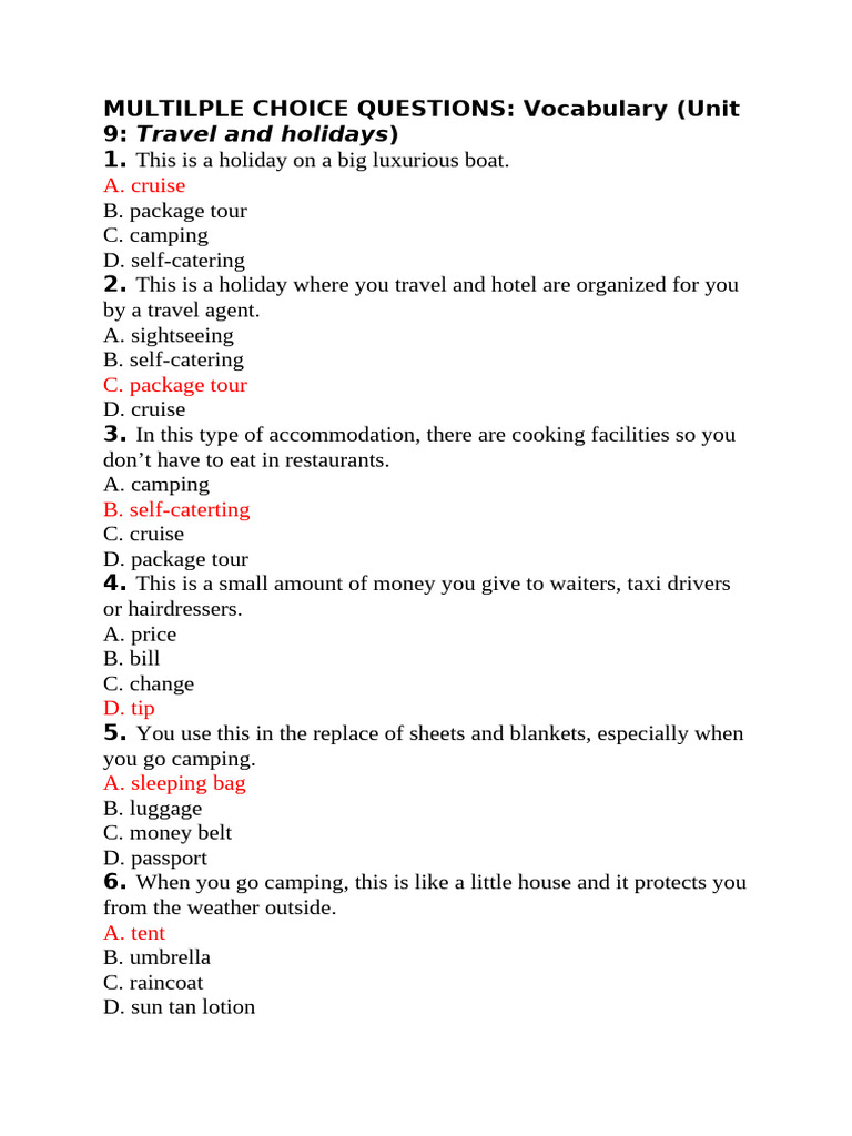 Travel Vocabulary and Grammar Quiz | PDF | Camping | Transport