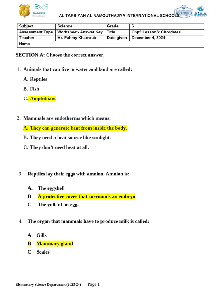 Grade 6 Science: Chordates Worksheet Answer Key | PDF