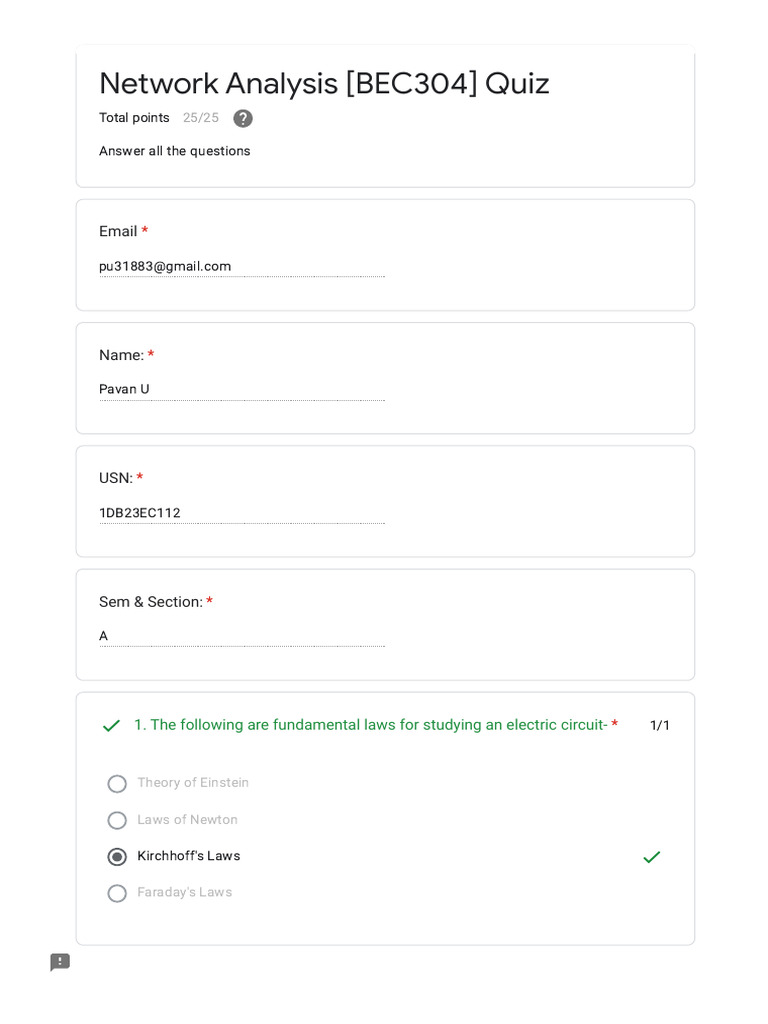 Network Analysis (BEC304) Quiz | PDF | Electrical Resistance And Conductance | Electrical Impedance