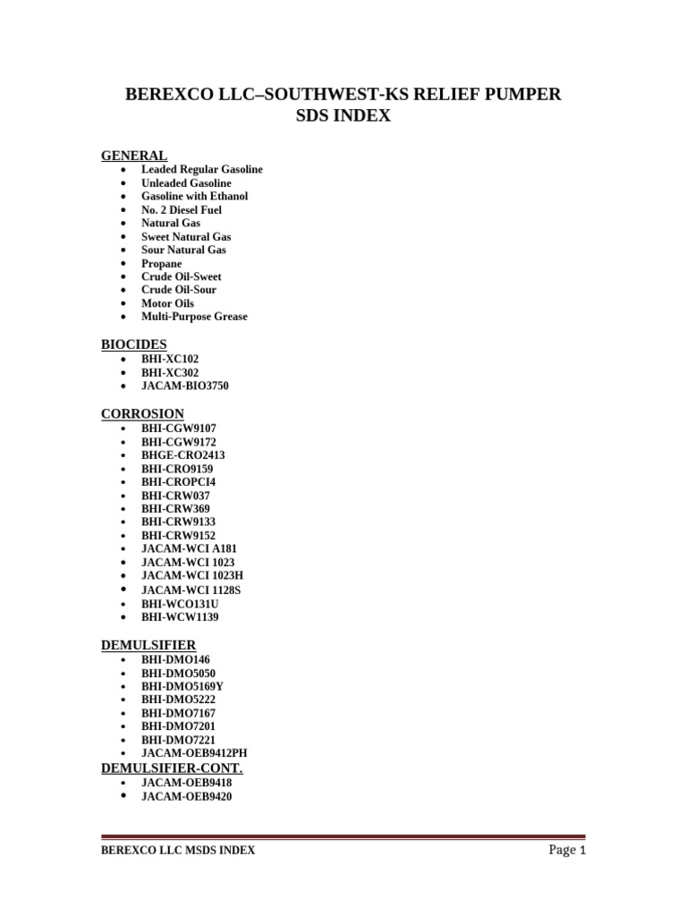 Master MSDS Index-Swks Relief Pumper | PDF