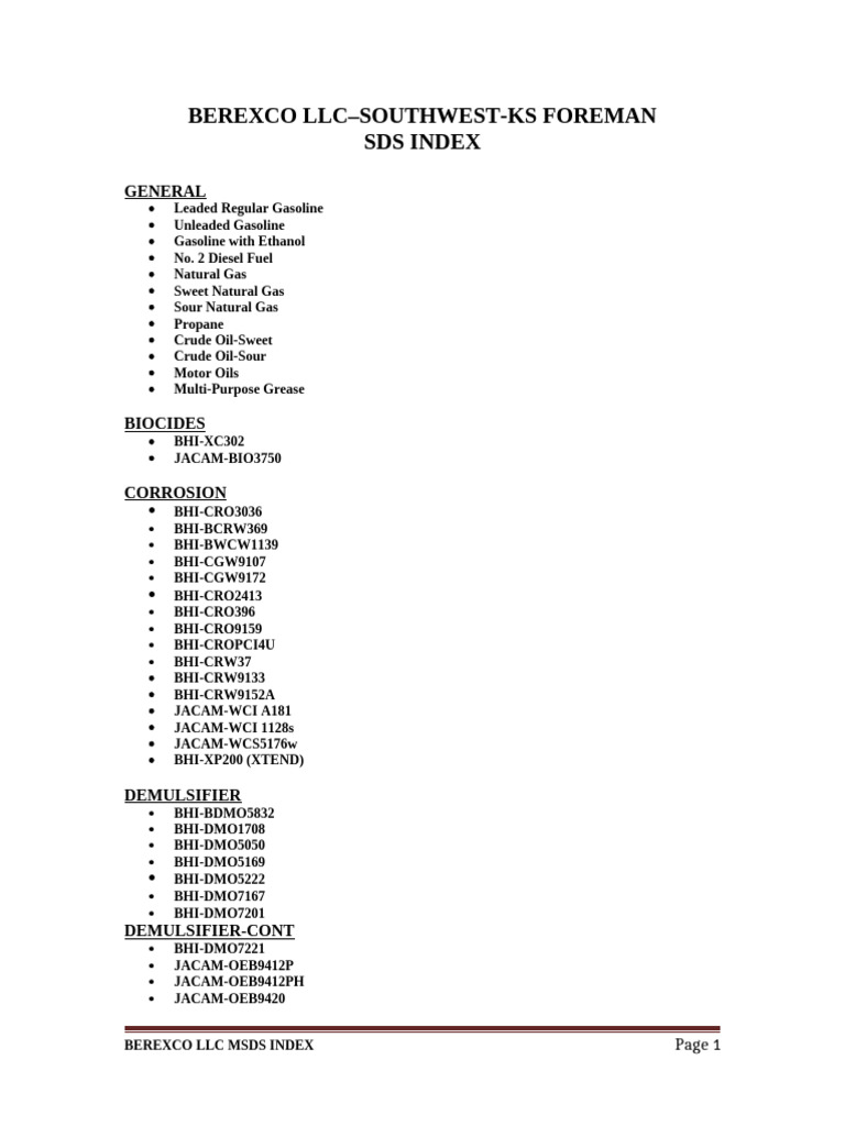 Master MSDS Index-Swks Foreman | PDF