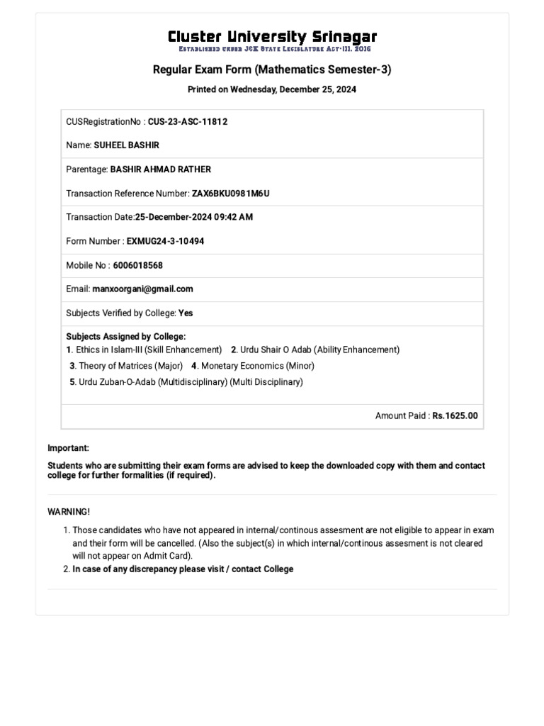 3 Sem Exam Form | PDF