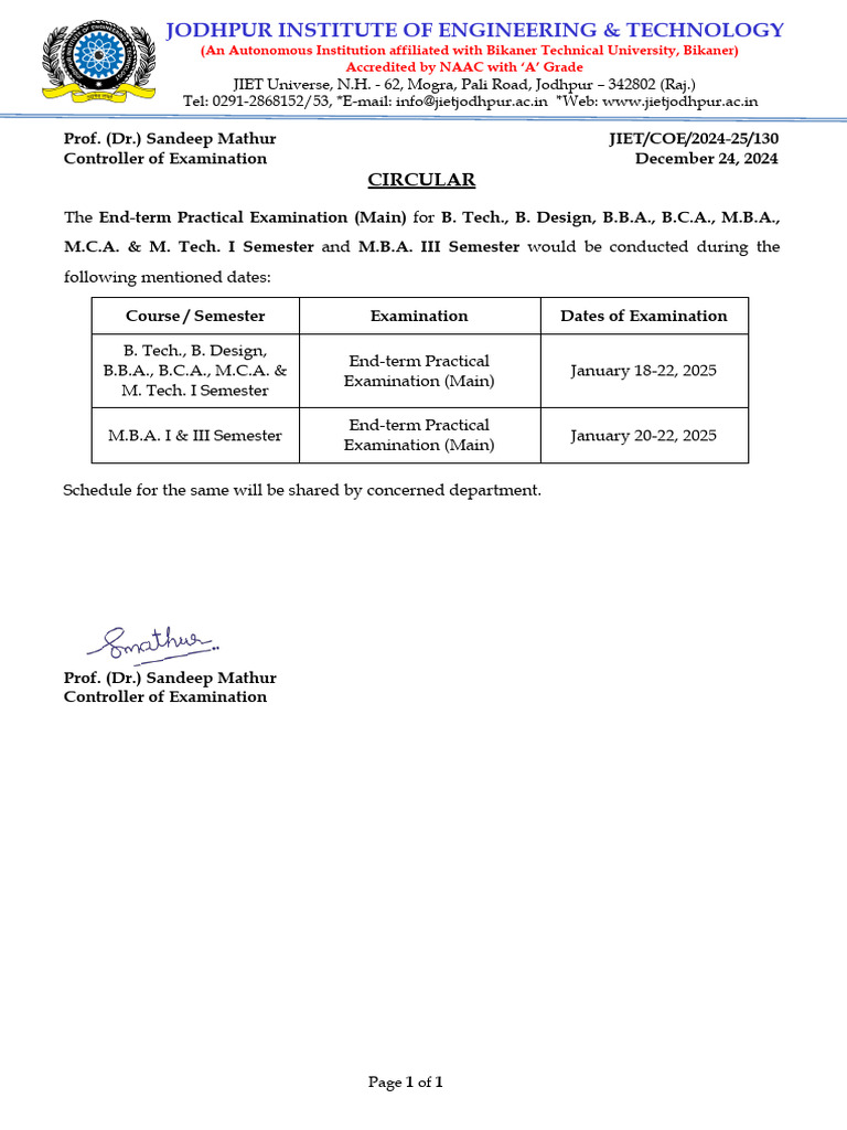 130 - B. Tech., B. Des., BCA, BBA, MBA, MCA & M. Tech. I Sem and MBA III Sem.-End Term Practical ...
